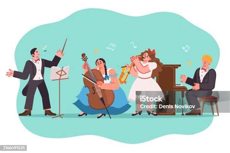 어린이 오케스트라는 바이올린 또는 트롬본으로 지휘자와 함께 클래식 음악을 연주합니다 Classical Concert에 대한 스톡