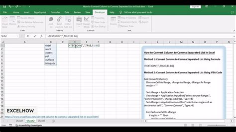 How To Convert Column To Comma Separated List In Excel Youtube
