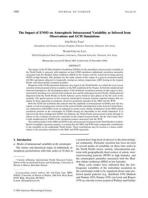 Pdf The Impact Of Enso On Atmospheric Intraseasonal Variability As Inferred From Observations