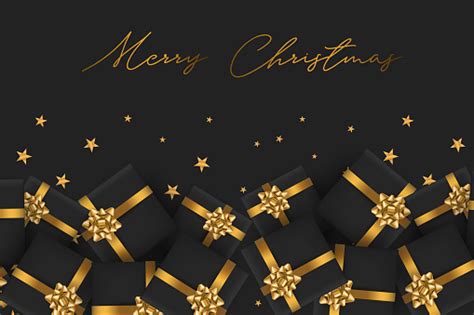 메리 크리스마스 인사말 카드입니다 블랙 고급스러운 디자인 표면에 황금 리본과 활 골드 별 색종이 와 상자를 제공합니다 손으로 쓴 글자 사실적인 벡터 일러스트레이션 12월에