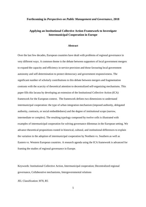 Pdf Tavares António F And Richard C Feiock 2017 Applying An Institutional Collective