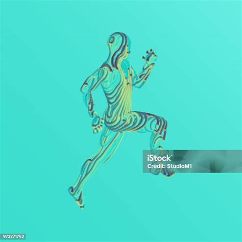 남자를 실행합니다 마라톤 및 조깅의 상징 남자의 3 차원 모델입니다 벡터 일러스트입니다 와이어 연결 가상 현실입니다 3차원 형태에 대한 스톡 벡터 아트 및 기타 이미지