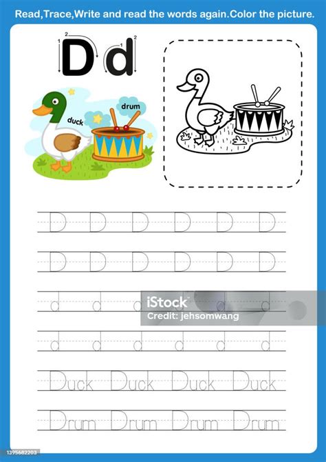 알파벳 문자 D 색칠 공부 책 일러스트 레이 션을위한 만화 어휘 벡터 교육에 대한 스톡 벡터 아트 및 기타 이미지 교육