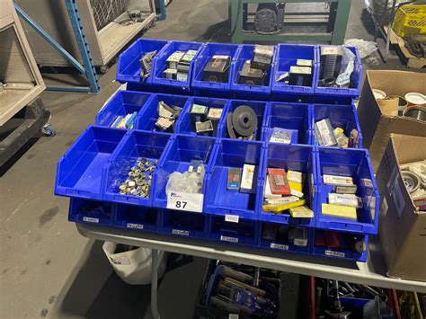 Blue Plastic Tool Bins With Assorted Tooling And Hardware Contents Able Auctions