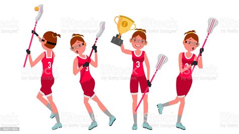여자의 농구 벡터입니다 라크로스 연습입니다 동료입니다 적극적인 여자의 플레이어입니다 프로 선수입니다 플랫 만화 캐릭터 일러스트를 절연 라크로스에 대한 스톡 벡터 아트 및