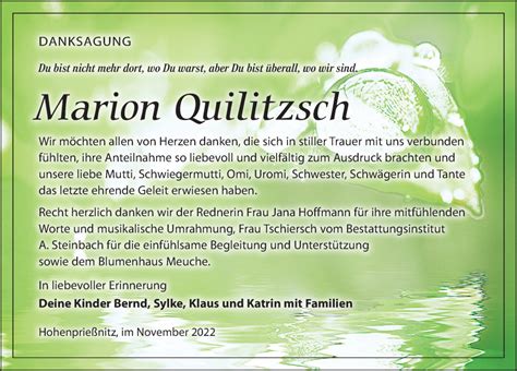 Traueranzeigen Von Marion Quilitzsch Trauer Anzeigende