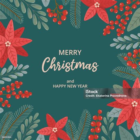 녹색 배경에 겨울 사각형 축제 카드 와 텍스트 메리 크리스마스 에서 플랫 벡터 스타일 손으로 그린 크리스마스 트리 가지 포인세티아 빨간 열매 휴일 계절 꽃 장식 포인세티아에