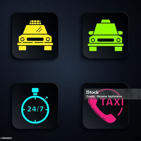 택시 호출 전화 서비스 택시 자동차 스톱 워치 24 시간 및 택시 차를 설정합니다 검은 정사각형 버튼 벡터 24 시간 영업 표시에 대한 스톡 벡터 아트 및 기타 이미지