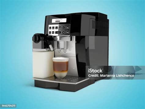 그림자가 있는 파란색 배경에 카푸치노 머그잔이 준비된 자동 커피 머신의 3d 그림 0명에 대한 스톡 사진 및 기타 이미지 0