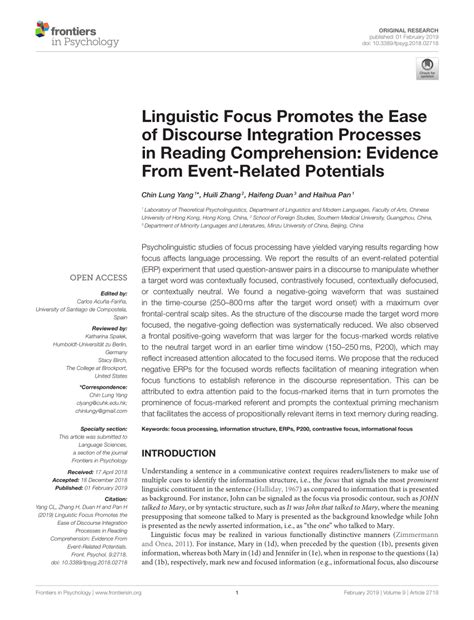 Pdf Linguistic Focus Promotes The Ease Of Discourse Integration Processes In Reading