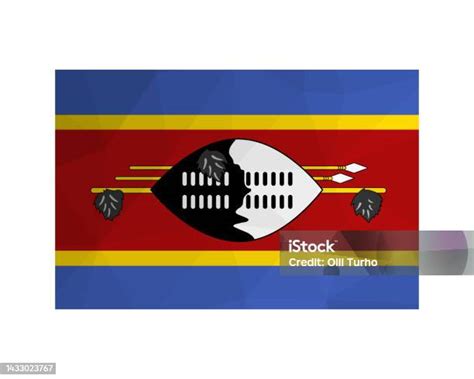 벡터 일러스트레이션 에스와티니의 공식 사임 파란색 빨간색 노란색 줄무늬가있는 국립 스와질란드 국기 삼각형 모양의 낮은 폴리 스타일의 창의적인 디자인 개념에 대한 스톡 벡터