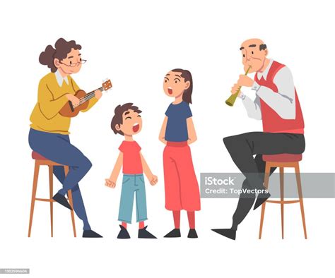 손자손녀에게 악기를 연주하는 조부모와 노래 할아버지와 할머니는 손자 만화 스타일 벡터 일러스트레이션과 함께 즐거운 시간을 보내고 있습니다 가족에 대한 스톡 벡터 아트 및