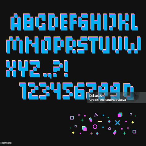 픽셀 복고풍 아케이드 게임 스타일 글꼴 디자인 3d 알파벳 문자 및 숫자 벡터 일러스트 레이 션 1980 1989 년에 대한 스톡 벡터 아트 및 기타 이미지 Istock