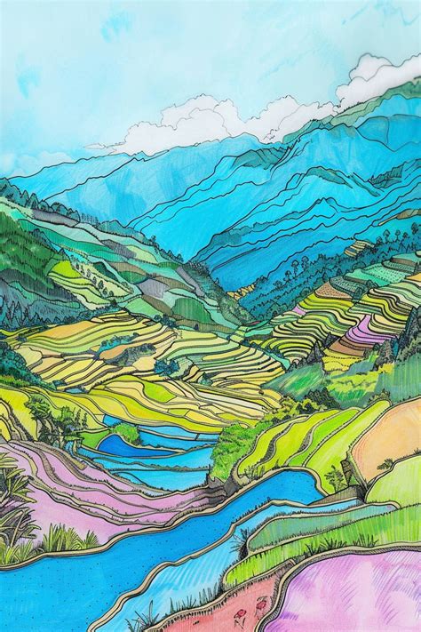 필리핀 산의 논을 그린 라인 드로잉