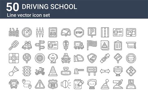 50 운전 학교 아이콘의 집합입니다 학습 버스 클락슨 거리 자동차 키 속도계 백미러와 같은 얇은 라인 아이콘을 윤곽 운전하기에 대한 스톡 벡터 아트 및 기타 이미지 Istock