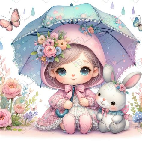 بک گراند کودکانه دختر کوچولو و خرگوش زیر چتر کد 41433 ویژه عکس گراف عکس گراف