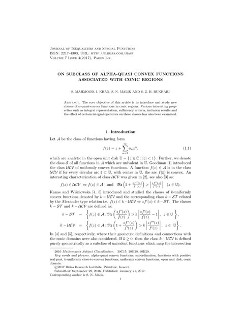 Pdf On Subclass Of Alpha Quasi Convex Functions Associated With Conic Regions