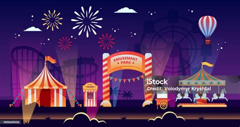 밤 놀이 공원 벡터 일러스트입니다 Carousels 서커스 공원에서 공정입니다 카니발 축제 엔터테인먼트 테마 관람차에 대한 스톡 벡터 아트 및 기타 이미지 Istock