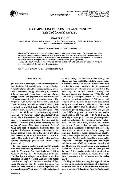 Pdf A Computer Efficient Plant Canopy Reflectance Model Andres Kuusk