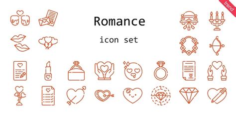 로맨스 아이콘 세트 라인 아이콘 스타일입니다 사랑 커플 약혼 반지 풍선 목걸이 립스틱 키스 심장 큐피드 웨딩 카 웨딩 기획 다이아몬드 사랑에 빠진 칸델라브라 러브 레터 와