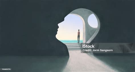 삶 자유 평온 평화 영혼 마음 뇌 정신 건강 및 희망의 개념 예술 남자와 바다 3d 그림 컨셉 아트워크 초현실적 인 그림 사색에 대한 스톡 벡터 아트 및 기타 이미지