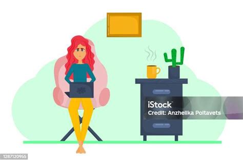 선인장과 커피를 배경으로 노트북에서 원격으로 작업하는 프리랜서 소녀 프리랜서 작업의 개념 초점을 맞춘 소녀 벡터 그림입니다 가공의 인물에 대한 스톡 벡터 아트 및 기타