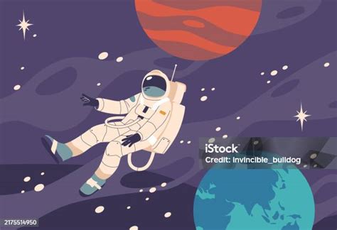 다채로운 행성과 별에 둘러싸인 우주의 광활함을 통해 떠 다니는 우주 비행사 캐릭터 벡터 일러스트 레이 션 Empire에 대한
