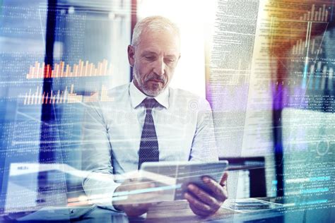 Overlay Chart Business Man Tablet Finance Analysis Website Fintech Research Office Hologram