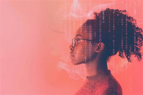 Young African Woman Glasses Pink Background Featuring Digital Binary Code Technology Innovation