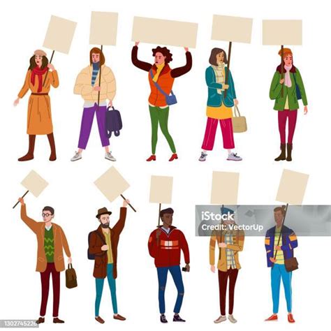 빈 현수막을 들고 있는 시위대의 집회 시위 정치 회의 인권 파업 운동가 벡터 그림 격리 실루엣에 대한 스톡 벡터 아트 및 기타 이미지 Istock