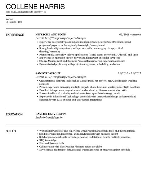 Temporary Project Manager Resume Samples Velvet Jobs