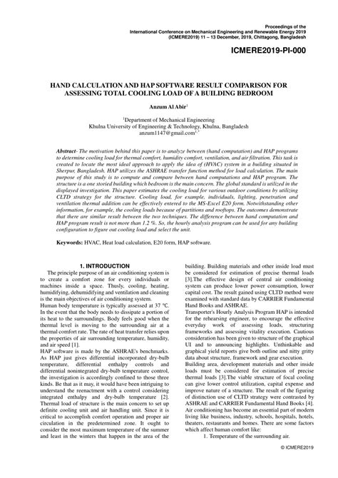 PDF HAND CALCULATION AND HAP SOFTWARE RESULT COMPARISON FOR ASSESSING TOTAL COOLING LOAD OF A