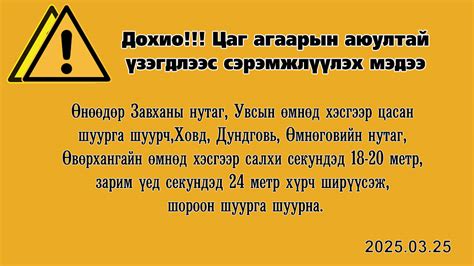 Ус цаг агаар орчны мэдээ мэдээлэл Дохио Цаг агаарын аюултай үзэгдлээс сэрэмжлүүлэх мэдээ