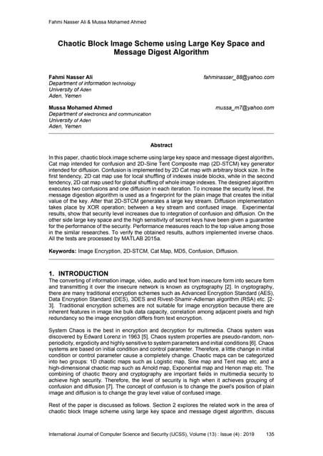 Chaotic Block Image Scheme Using Large Key Space And Message Digest