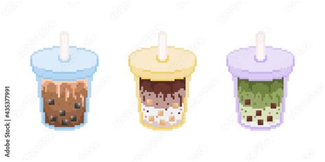 Pixel Art Bubble Milk Tea Illustration Vintage Boba Tea Set In Retro 8