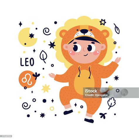 사자자리 조디악 기호가 있는 다채로운 카드입니다 점성술 별자리 기호를 가진 어린이 캐릭터 손으로 그린 벡터 일러스트 레이 션 만화 스타일 Lettering 달 하늘에 대한
