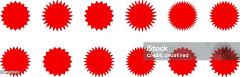 빨간 쇼핑 라벨 컬렉션 판매 또는 할인 스티커 Starburst 빨간 스티커 세트 특별 제공 가격표 슈퍼마켓 프로모션 배지 별 가장자리가 있는 프로모션 스티커 벡터