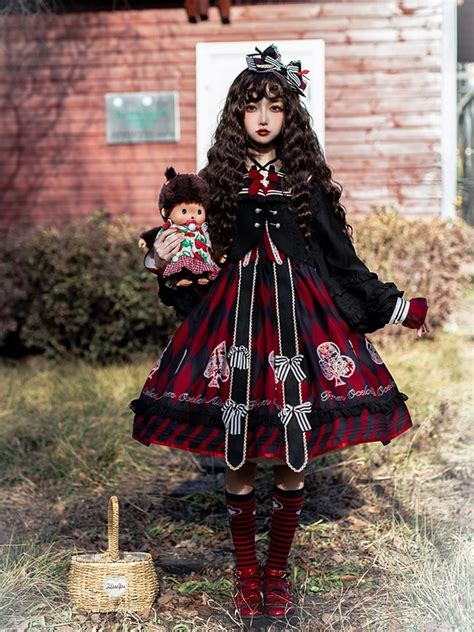 Sweetheart Alice Red Striped Bowknot Details Diamond Pattern Jumper Skirt