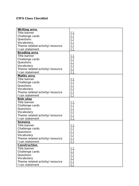 Eyfs Learning Environment Checklist Pdf Vocabulary Phonics