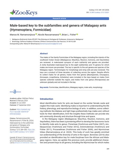 Male Based Key To The Subfamilies And Genera Of Malagasy Ants