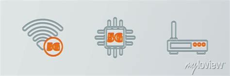 Set Line Router And Wi Fi Signal 5g Network And Processor Icon Posters For The Wall • Posters