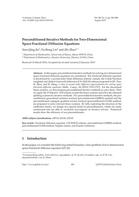Global Science Press Preconditioned Iterative Methods For Two