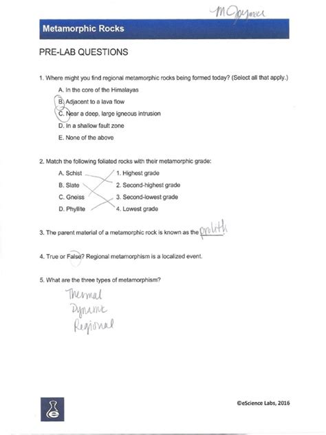 metamorphic rock lab pdf