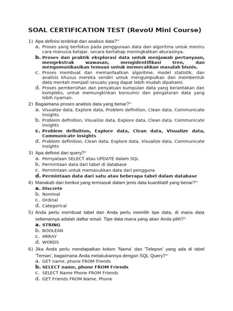 Soal Certification Test Data Analyst Mini Course Pdf