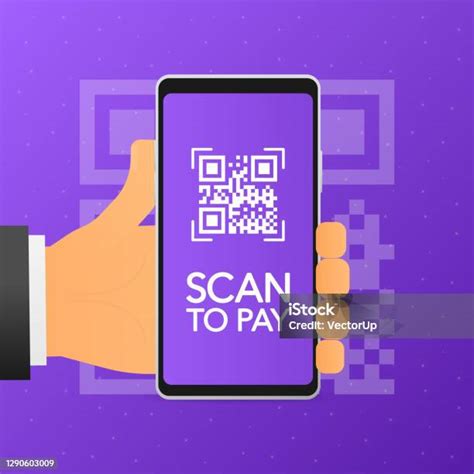 손 은 화면에 지불 스캔 Qr 코드와 전화를 보유 보라색 배경에 전화 벡터 그림입니다 Qr코드에 대한 스톡 벡터 아트 및 기타 이미지 Qr코드 가리키기 가볍게