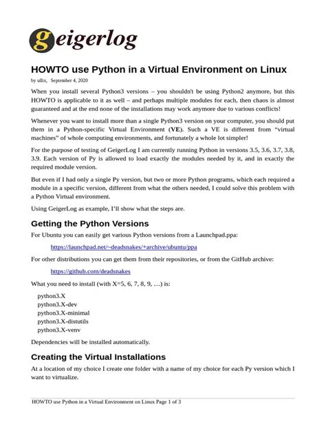 Howto Using Python In A Virtual Environment On Linux V10 Pdf
