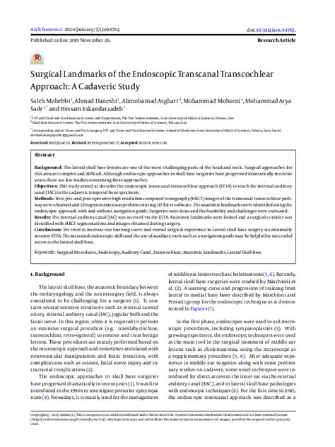 Pdf Surgical Landmarks Of The Endoscopic Transcanal Transcochlear Approach A Cadaveric Study