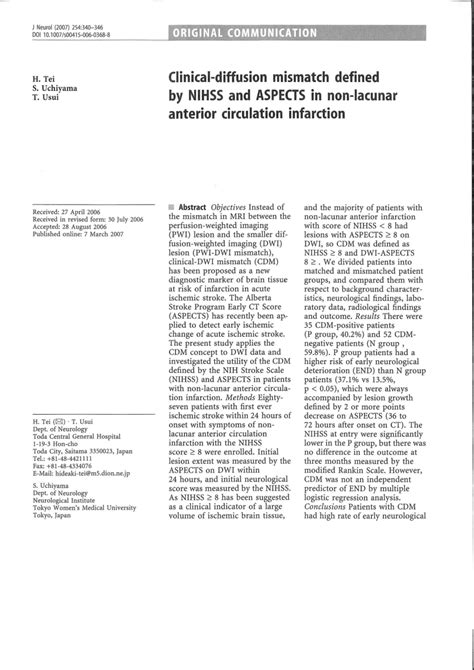 Pdf Clinical Diffusion Mismatch Defined By Nihss And Aspects In Non Lacunar Anterior
