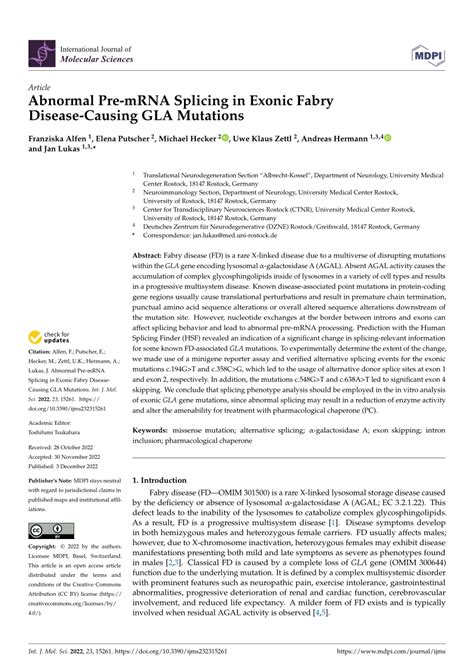 Pdf Abnormal Pre Mrna Splicing In Exonic Fabry Disease Causing Gla Mutations