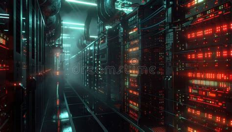 A Data Center With Illuminated Server Racks And Fog Creating A High Tech Environment At Night